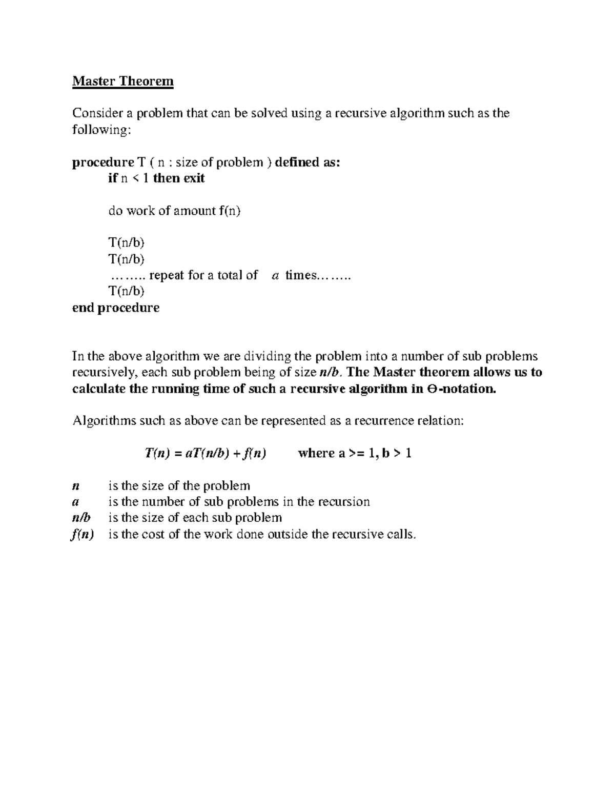 Master Theorem Master Theorem Consider A Problem That Can Be Solved Using A Recursive