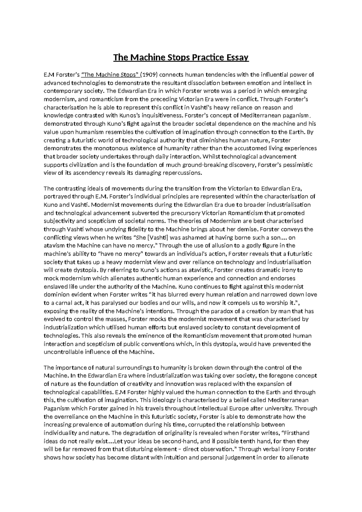 The Machine Stops Practice Esay - The Edwardian Era in which Forster ...