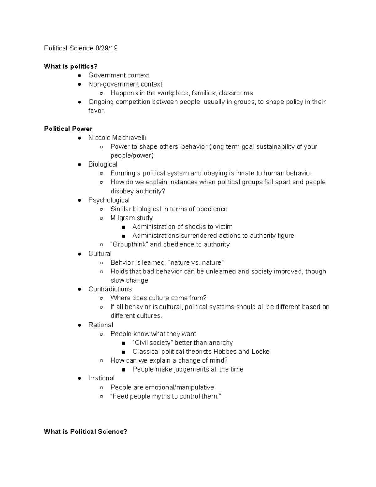 Political Science 101 8 29 19 - Political Science 8/29/ What is ...