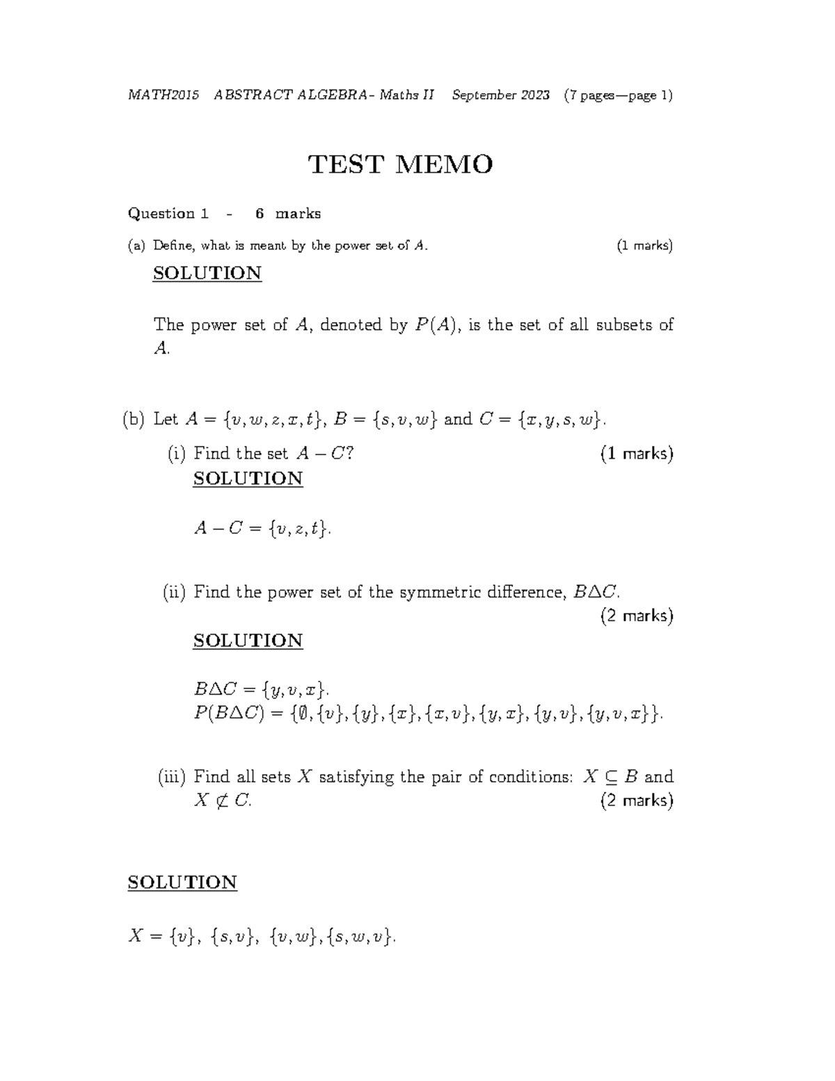 Math2015 september test 2023 memo - TEST MEMO Question 1 - 6 marks (a ...
