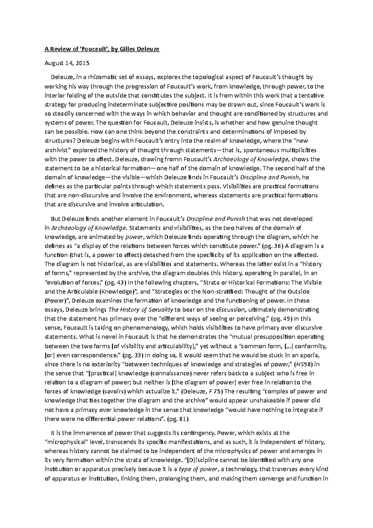 A Review of 'Foucault', by Gilles Deleuze - A Review of Gilles Deleuze ...