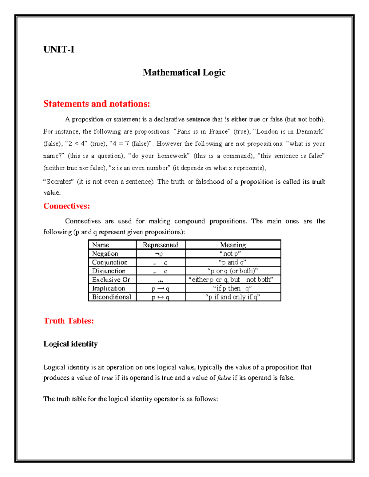 MFCS-Notes 1 - notes - UNIT-I Mathematical Logic Statements and ...