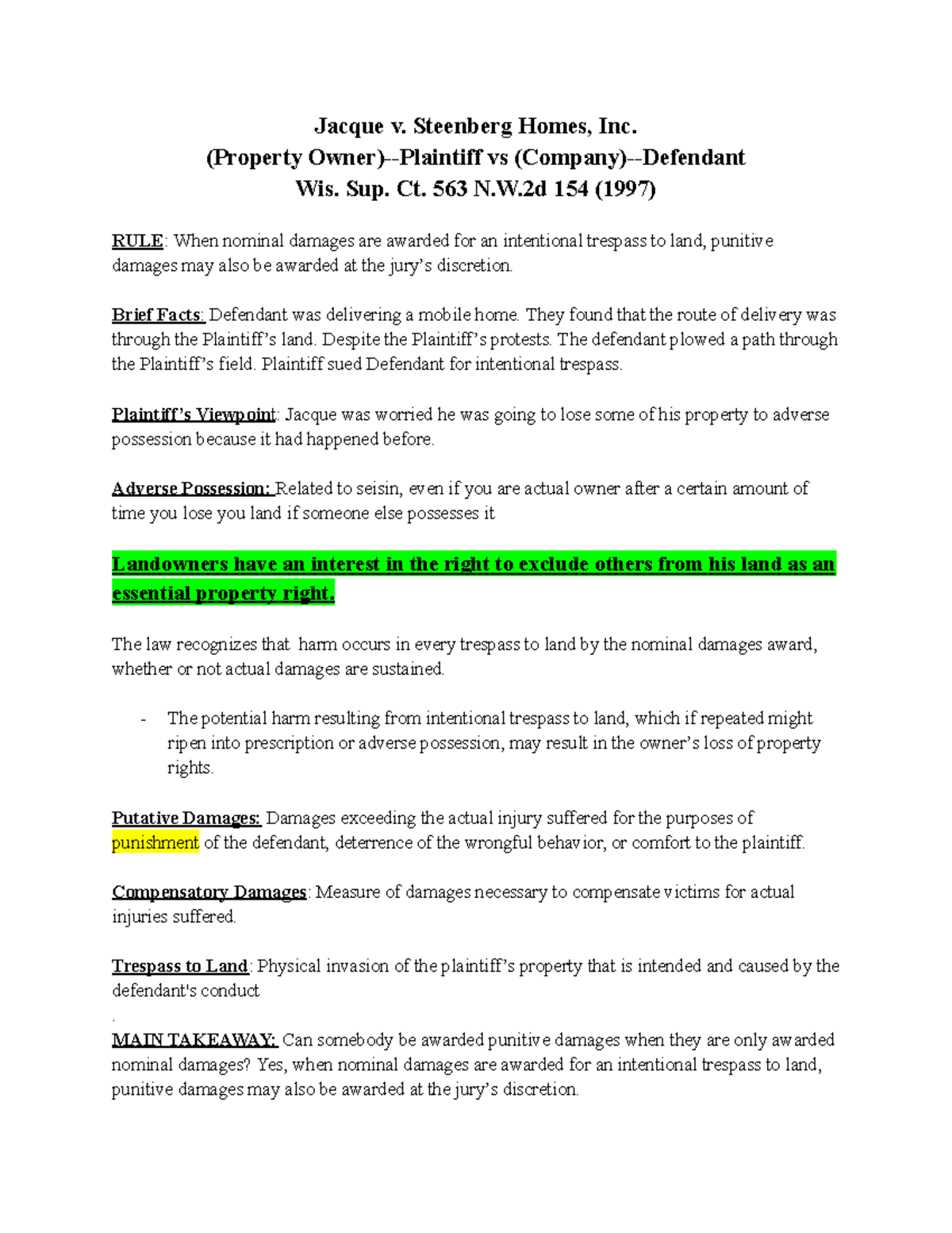 Common Law Property Briefs - Jacque v. Steenberg Homes, Inc. (Property ...