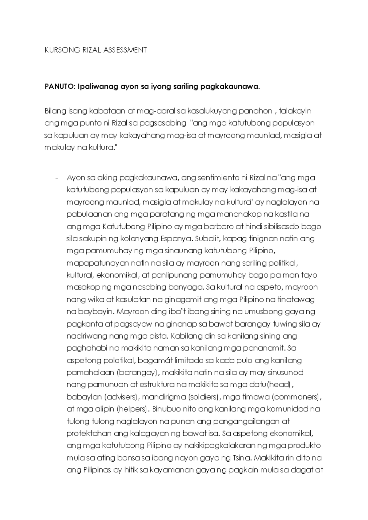 Kursong Rizal Essay - KURSONG RIZAL ASSESSMENT PANUTO: Ipaliwanag ayon ...