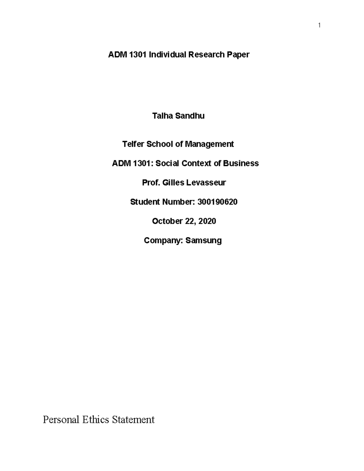 ADM 1301 Midterm Paper - ADM 1301 Individual Research Paper Talha ...