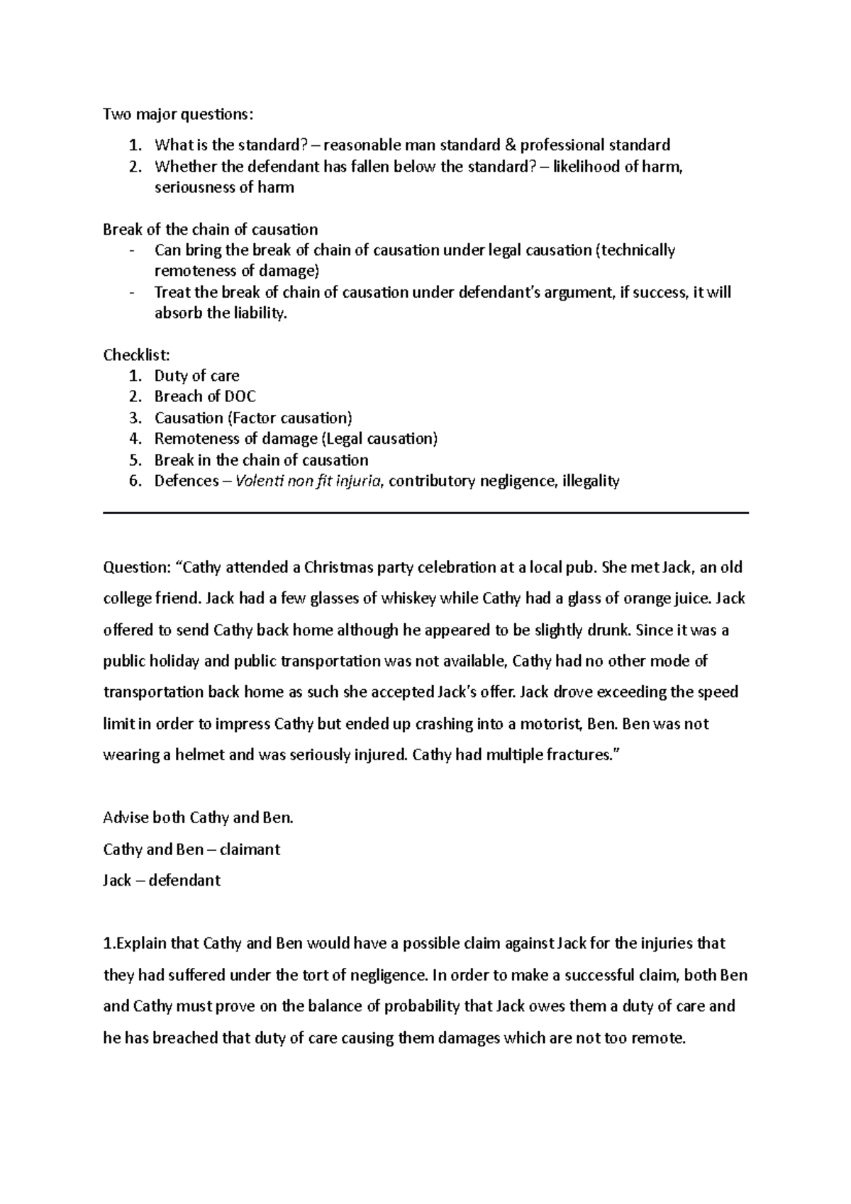 Tutorial work on Chapter: Negligence - Problem Question - Two major ...