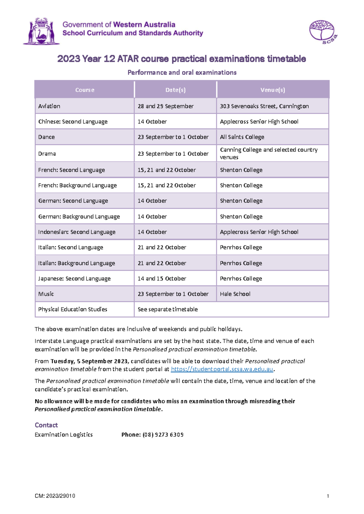 2023 ATAR course practical examinations timetable - CM: 202 3 / 29010 1 ...