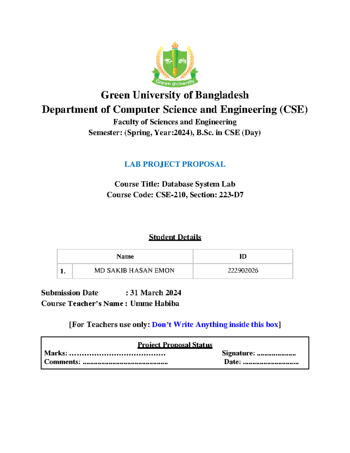Database proposal - lecture notes - Project Proposal Status Marks ...