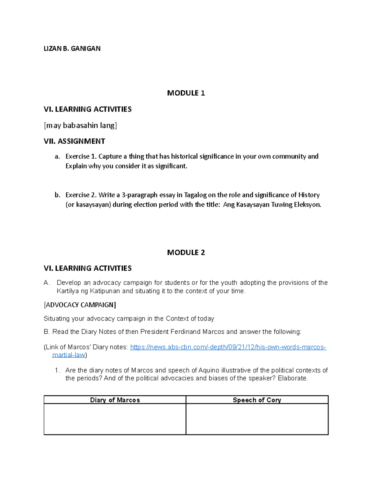 History - Simple docs - LIZAN B. GANIGAN MODULE 1 VI. LEARNING ACTIVITIES [may babasahin lang ...