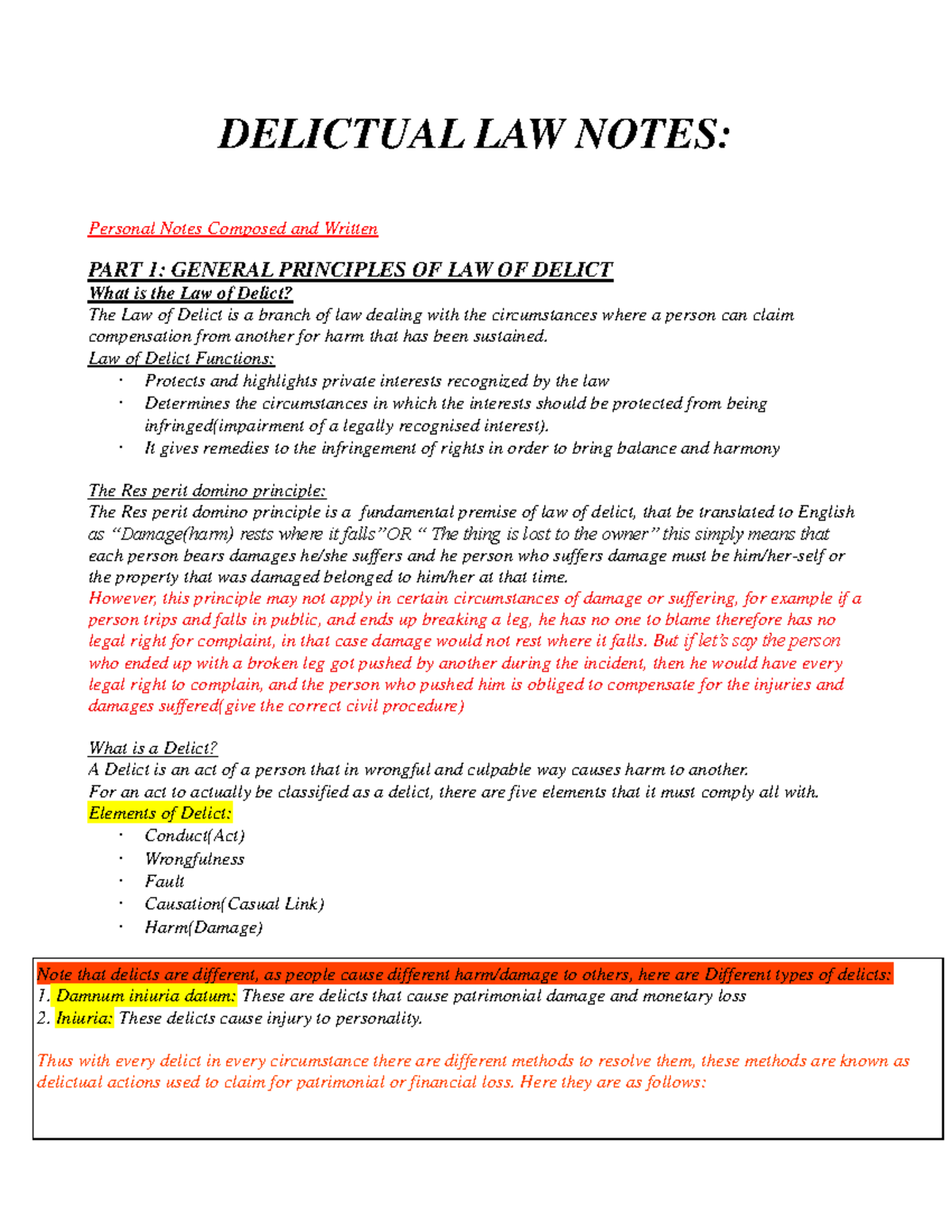 Delictual LAW Notes WORD DOC (Auto Recovered) - DELICTUAL LAW NOTES ...