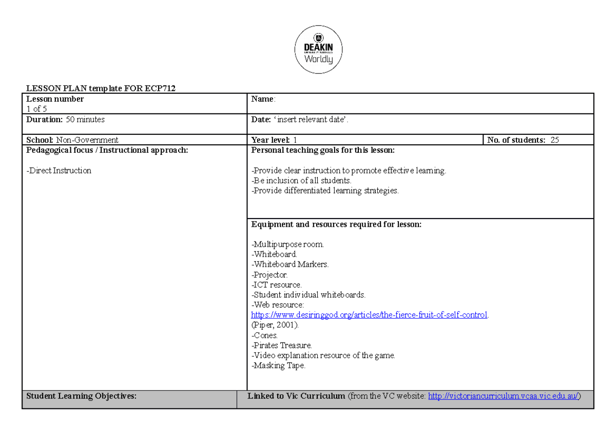 ECP712 Lesson Plan 1 Self-Control - LESSON PLAN template FOR ECP Lesson ...