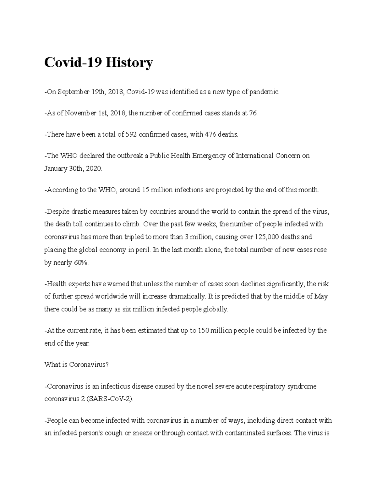 Covid notes 1* - Covid-19 History -On September 19th, 2018, Covid-19 ...