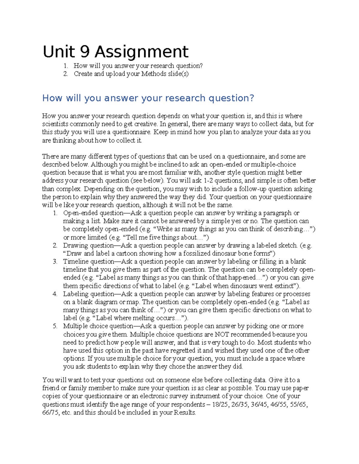 Unit 9 Assignment - Questionaire and Methods - Unit 9 Assignment How ...