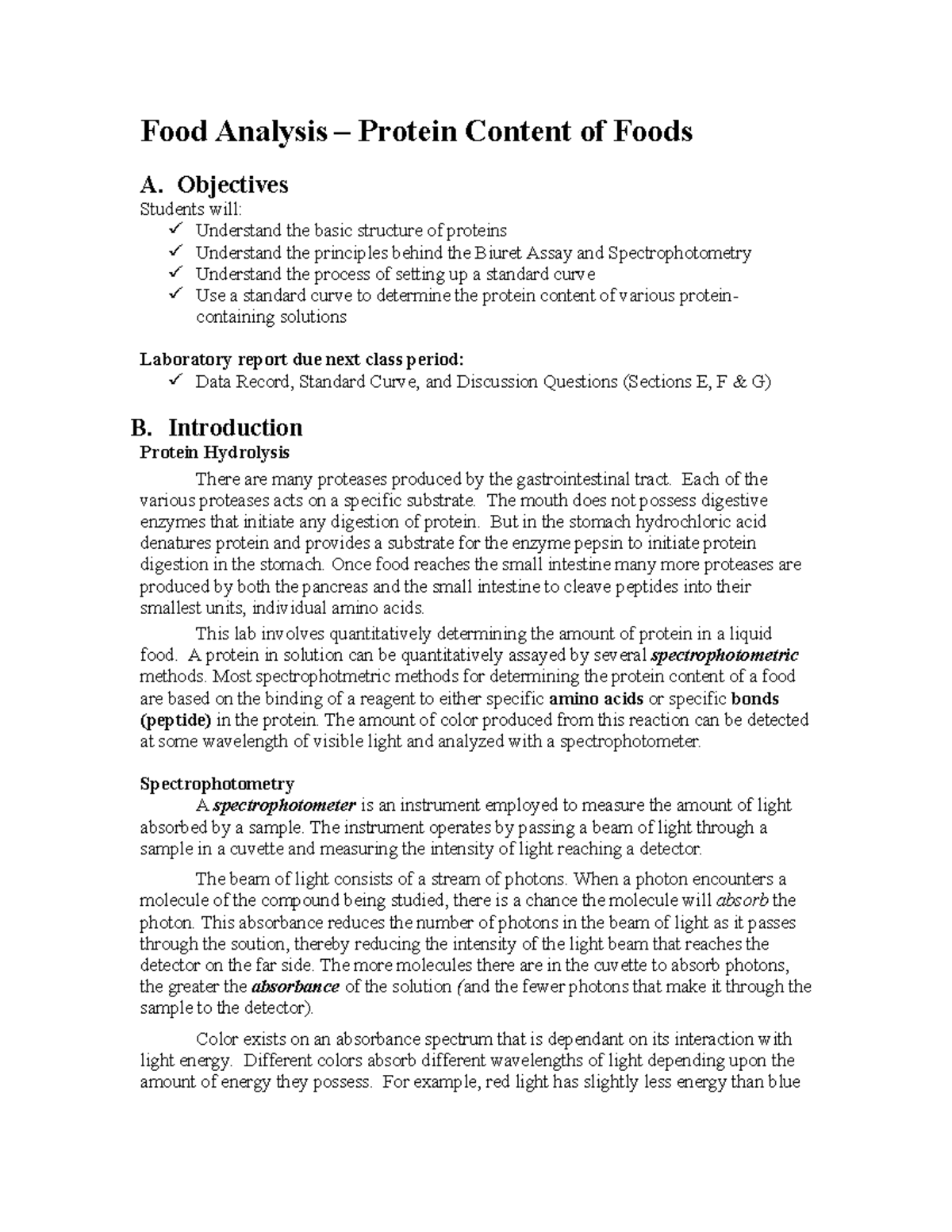Protein Content Lab 8 - Food Analysis – Protein Content of Foods A ...