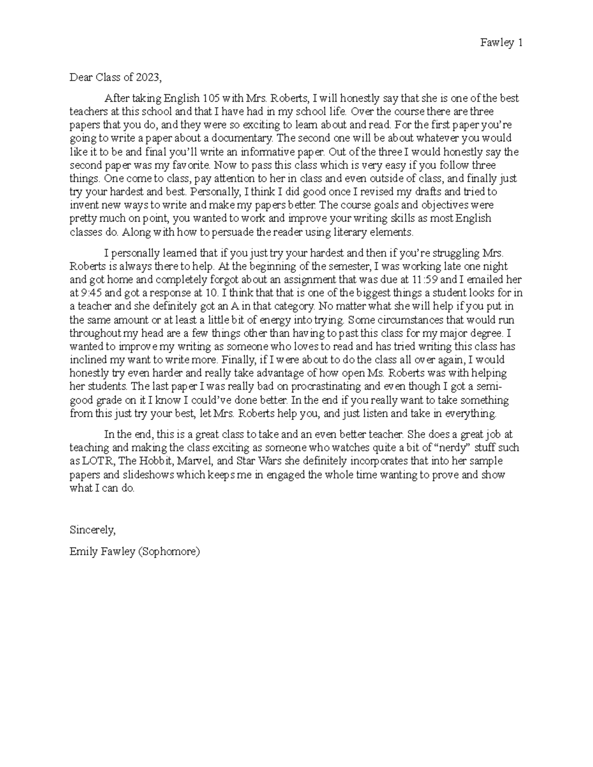 Final Exam Prompt - ENG 105 with Mrs. Roberts - Fawley 1 Dear Class of ...