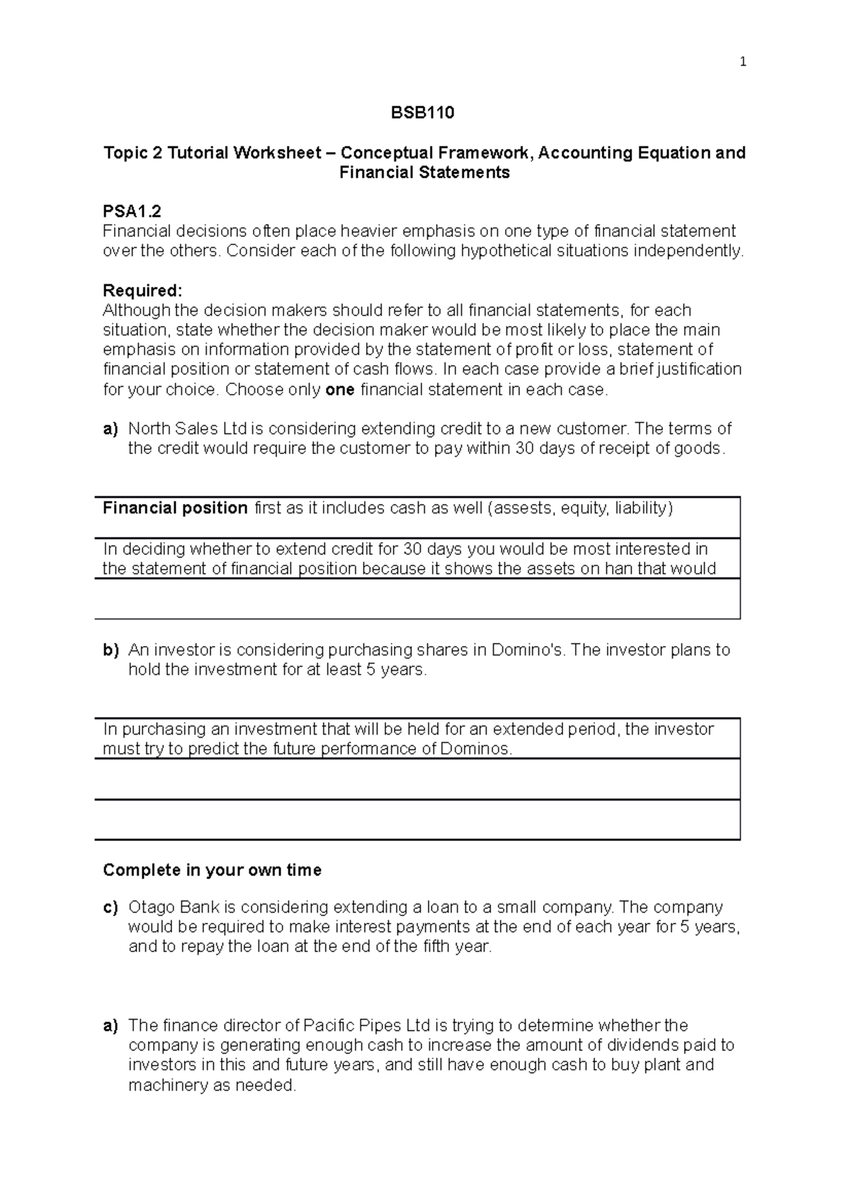 Topic 2 - Tutorial Worksheet - BSB Topic 2 Tutorial Worksheet ...