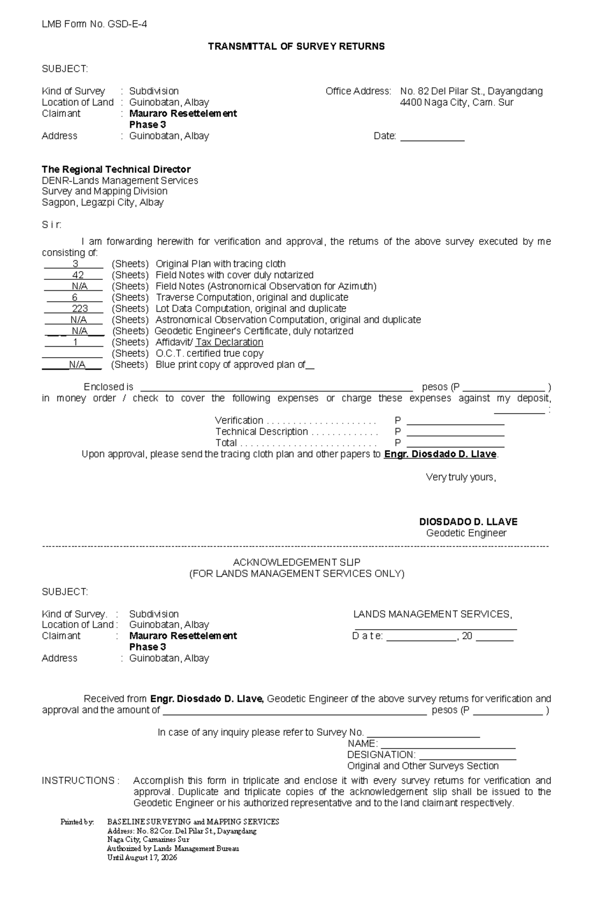 Transmittal for survey returns - LMB Form No. GSD-E- TRANSMITTAL OF ...