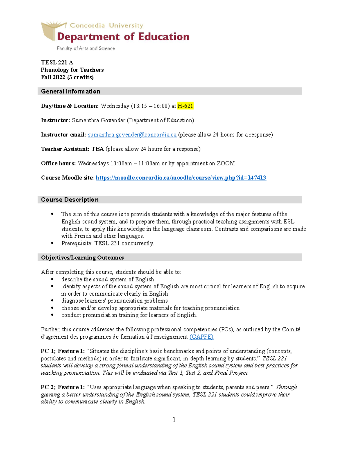 TESL 221 A F22Tentative Course Outline Updated - TESL 221 A Phonology ...