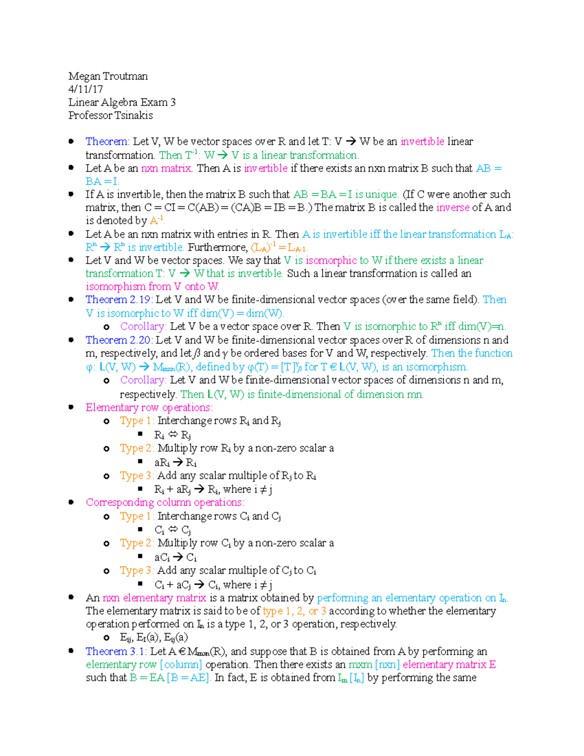 3rd exam outline - 3rd exam study guide - Megan Troutman 4/11/ Linear ...