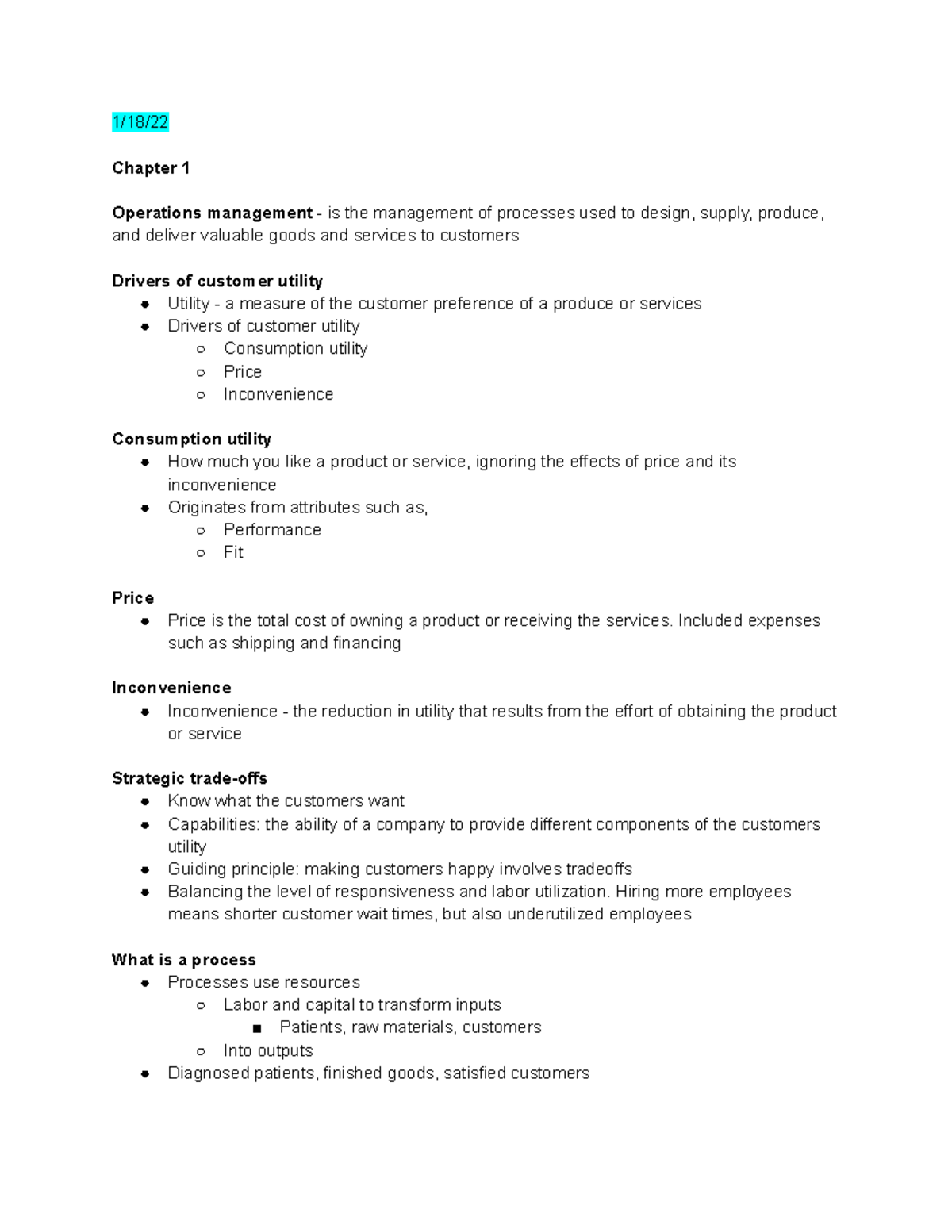 Operations management notes - 1/18/ Chapter 1 Operations management ...