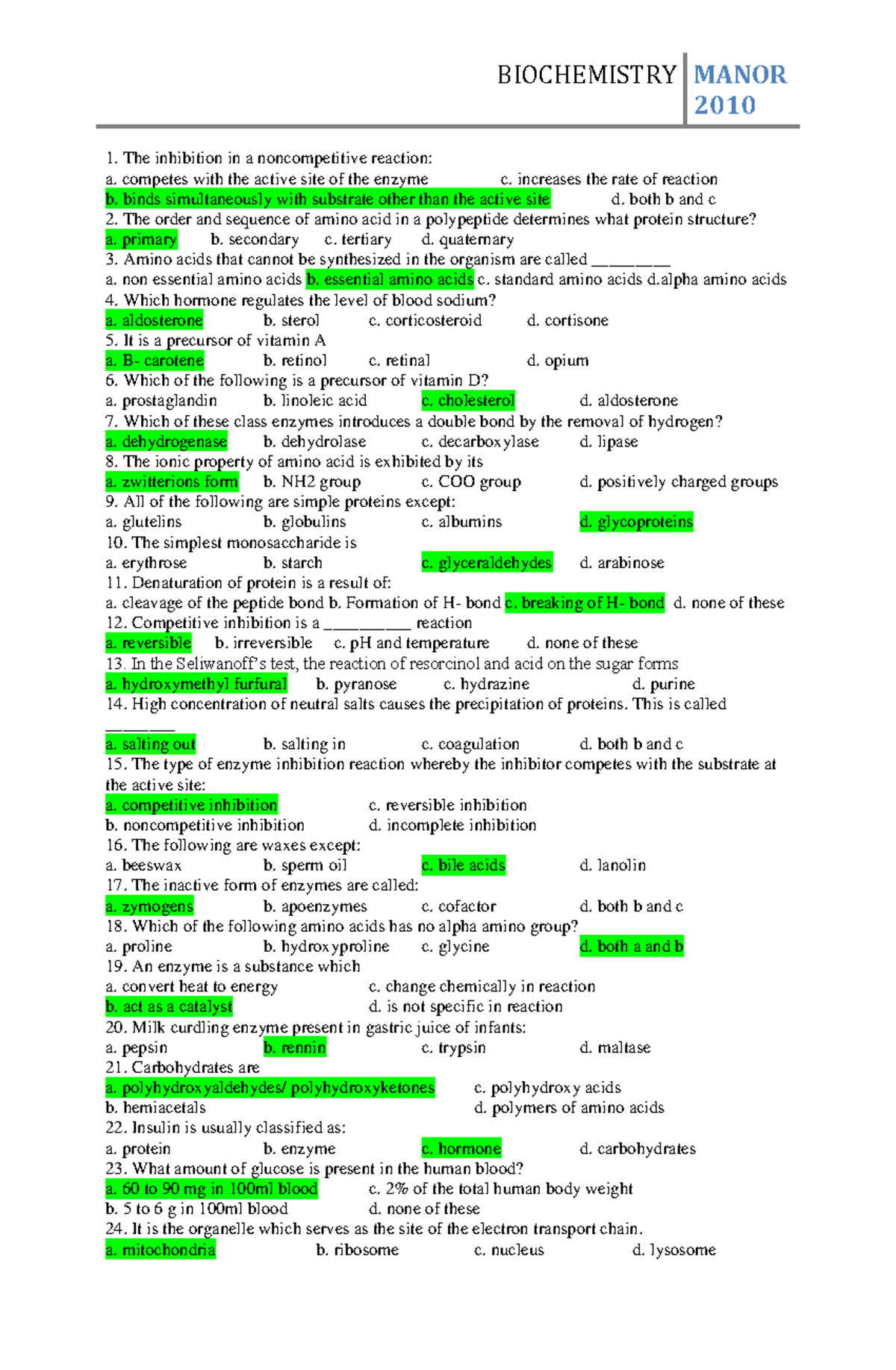 Manor Biochemistry Notes 2010 - Physical Pharmacy - OLFU - Studocu