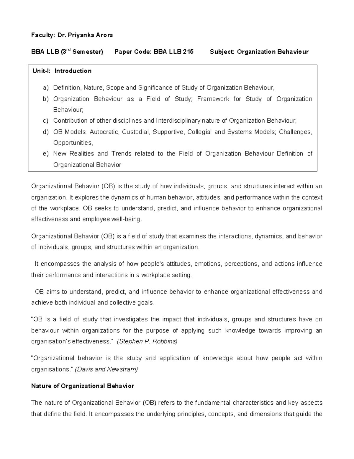 OB Unit 1 Part 1 Notes - Faculty: Dr. Priyanka Arora BBA LLB (3rd ...