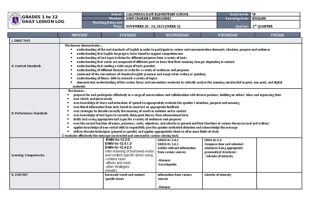 DLL English 6 Q2 W3 - dll q2 w3 - GRADES 1 to 12 DAILY LESSON LOG ...