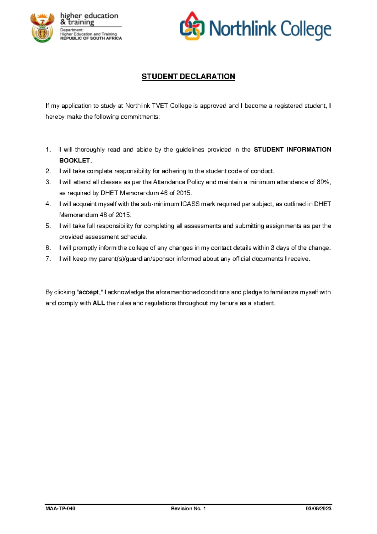 Student Declaration - MAA-TP- 040 Revision No. 1 03/08/ STUDENT ...