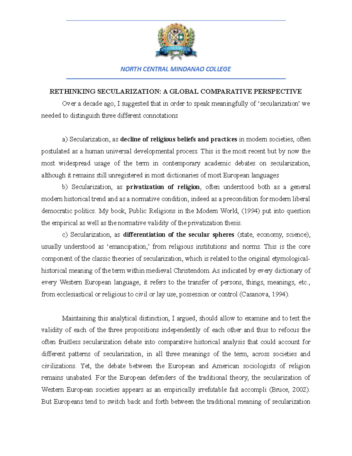 Rethinking Secularization - RETHINKING SECULARIZATION: A GLOBAL COMPARATIVE PERSPECTIVE Over a ...