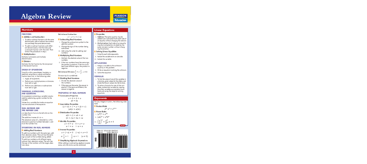 Algebra Review Card - Summary BS computer engineering - 1 Algebra ...