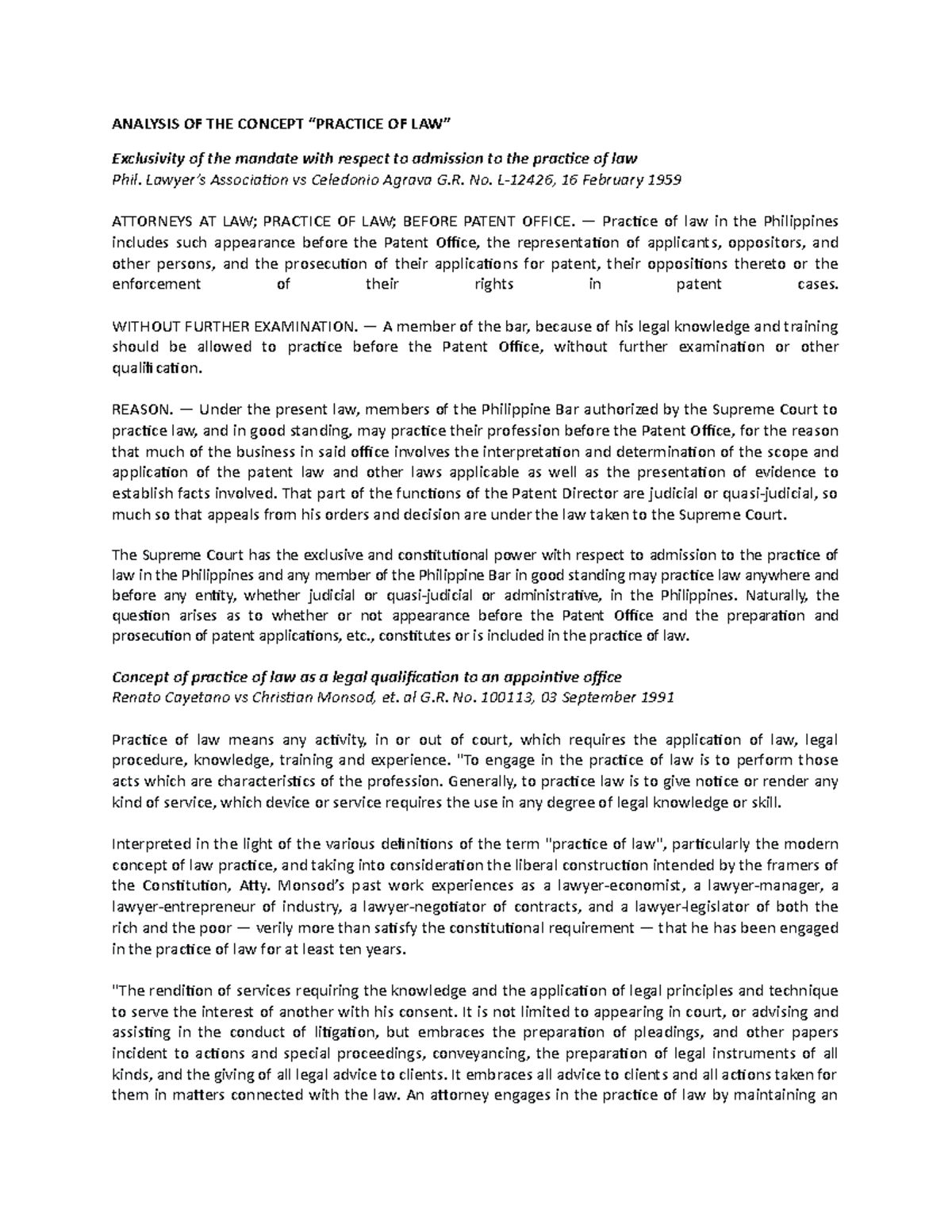 PALE Summary - Notes - ANALYSIS OF THE CONCEPT “PRACTICE OF LAW ...