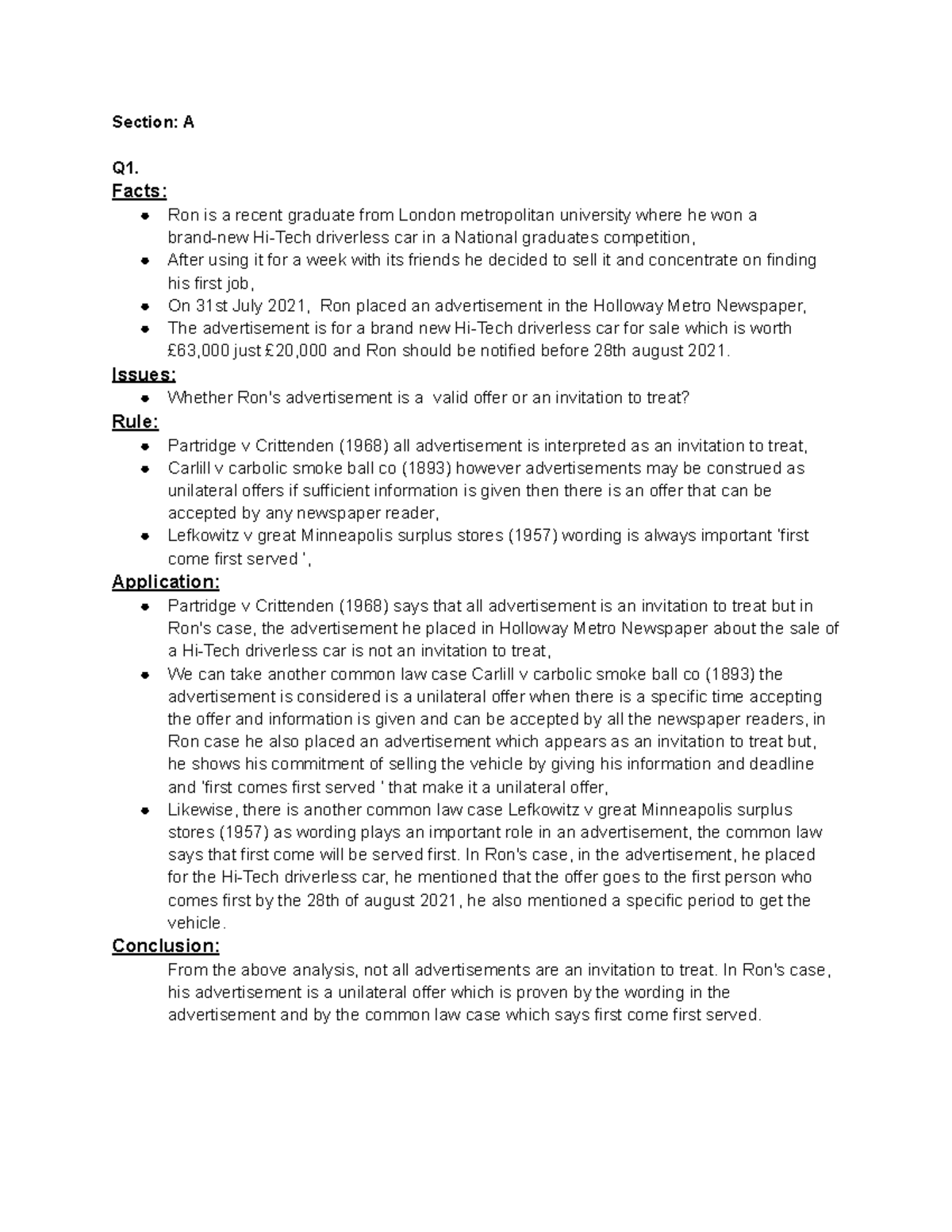 Ron case - CASE STUDY - Section: A Q1. Facts: Ron is a recent graduate ...