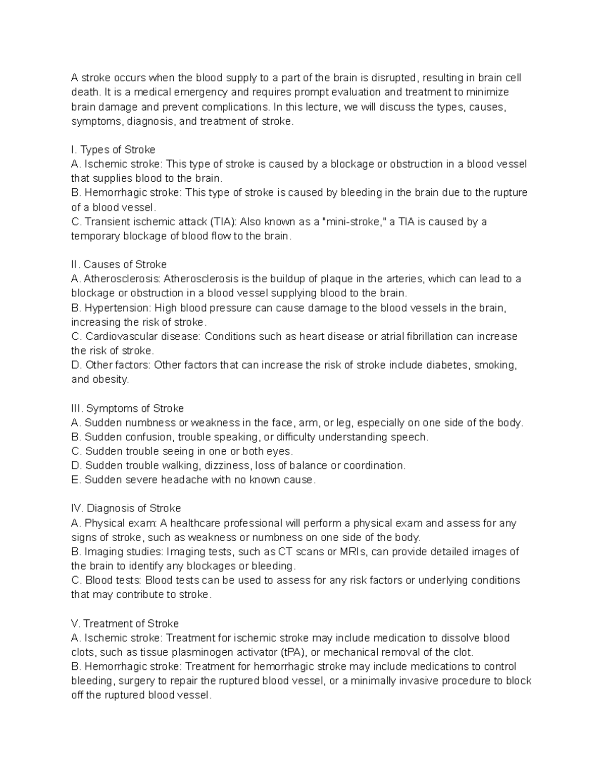 Stroke lecture notes - A stroke occurs when the blood supply to a part ...
