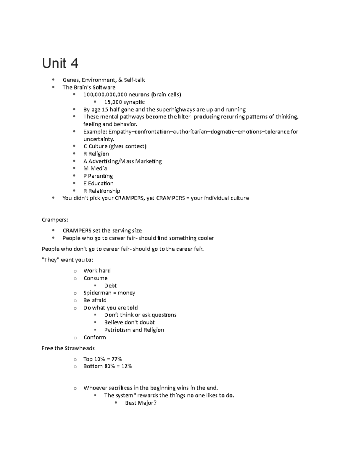 Unit 4 notes - CRAMPERS - Unit 4 Genes, Environment, & Self-talk The ...