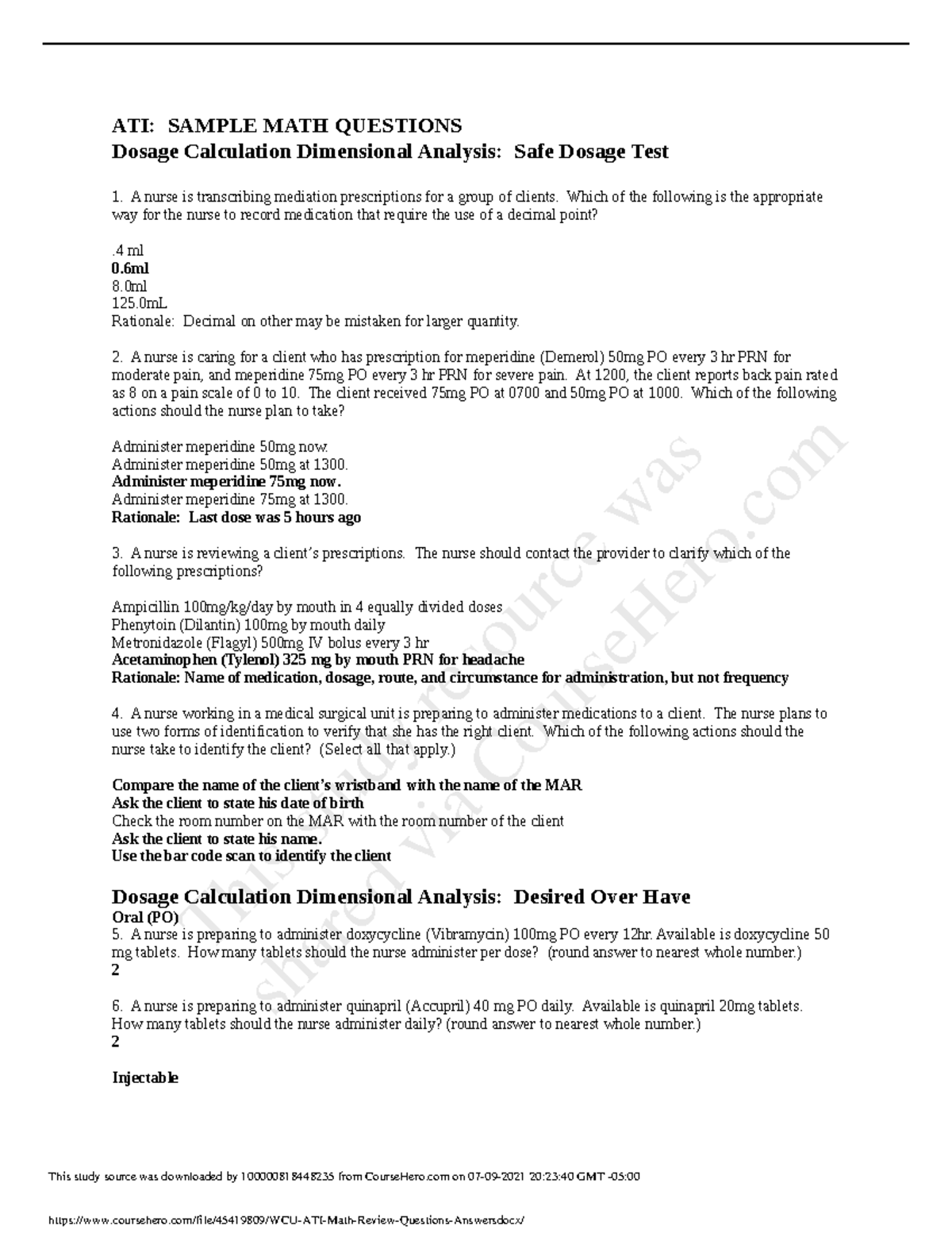 WCU ATI Math Review Questions Answers - ATI: SAMPLE MATH QUESTIONS ...