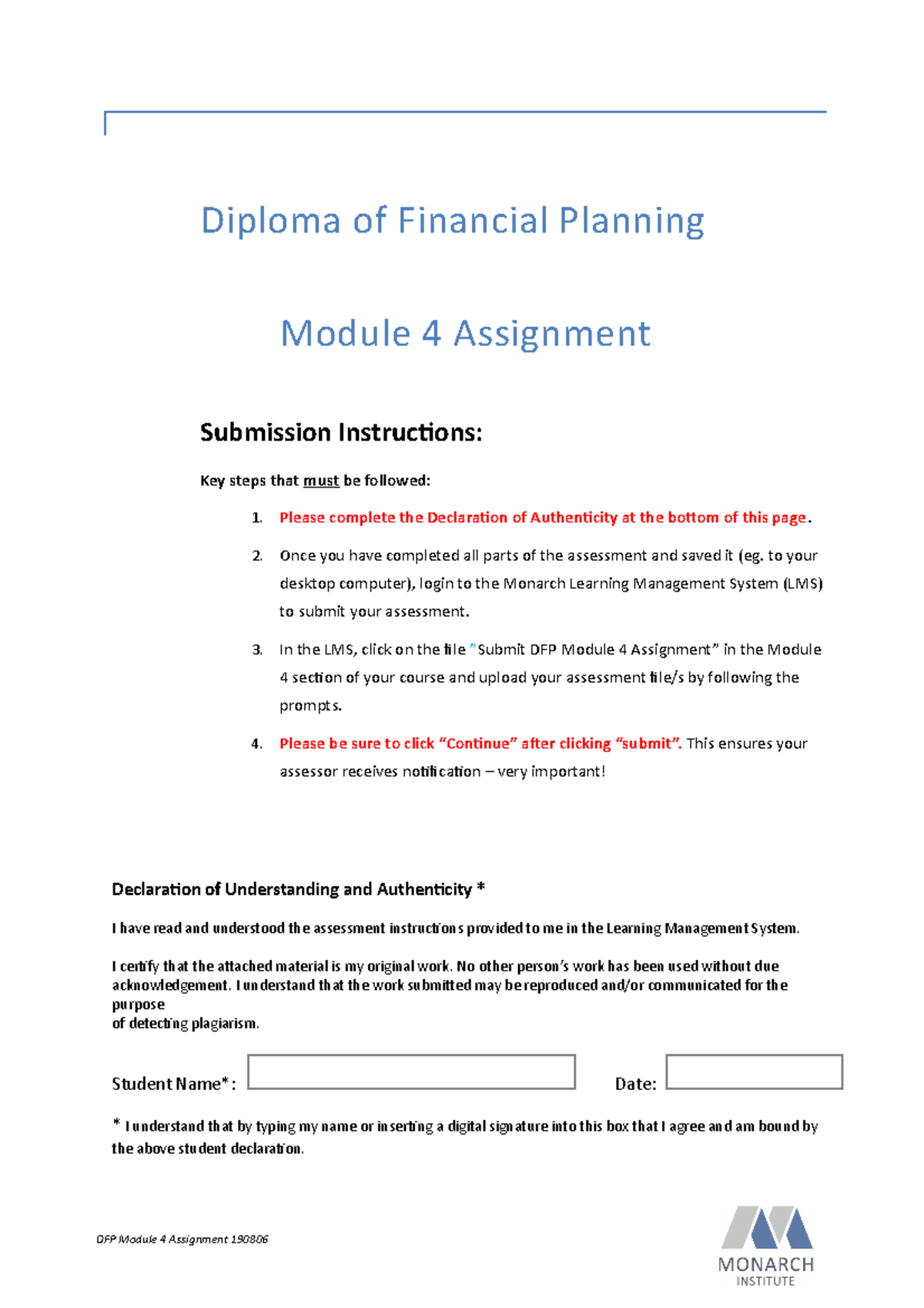 DFP Mod 4 Assignment 190806 Module 4 insurance - Diploma of Financial ...