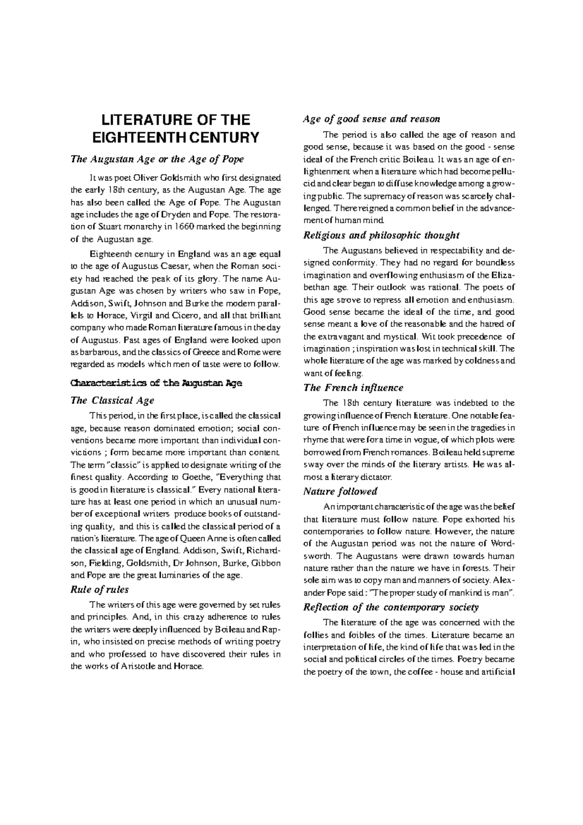 Literature OF THE Eighteenth Century - English for Education - UniSob ...