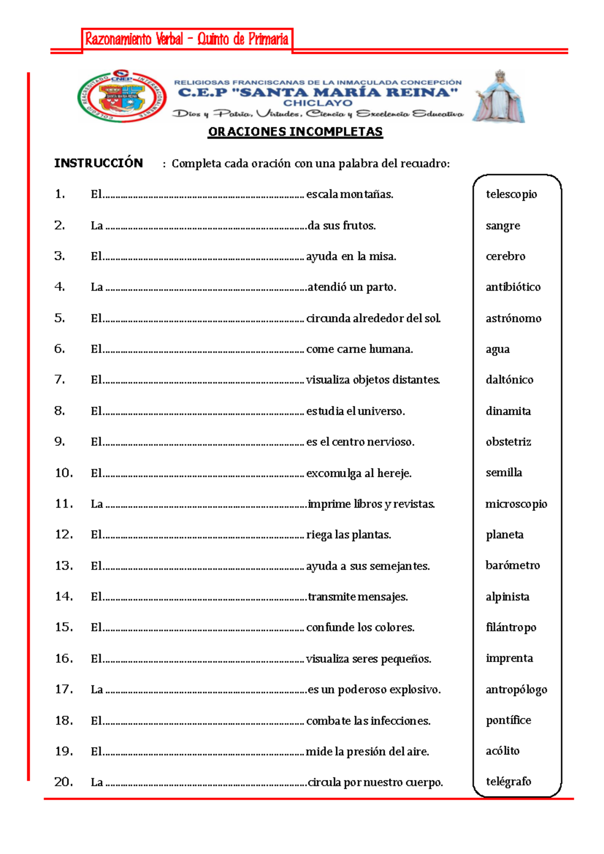 Ficha DE Trabajo - Oraciones Incompletas - ORACIONES INCOMPLETAS ...