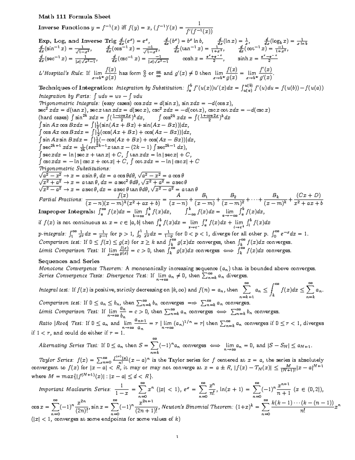 Math111Formula Sheet - No comment - Math 111 Formula Sheet Inverse ...