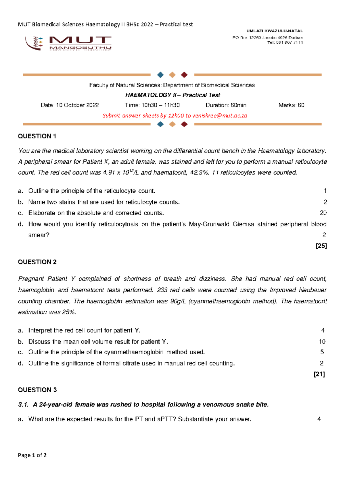 Haem II 2022 Prac test BHSc - Copy - Copy - MUT Biomedical Sciences ...