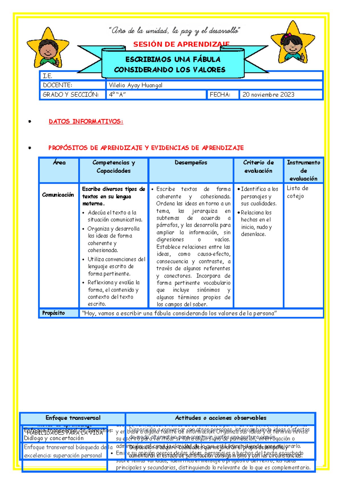 Sesion DE Aprendizaje Escribimos UNA Fabula 20 Noviemb 2023 - Comunicacion - SESIÓN DE ...