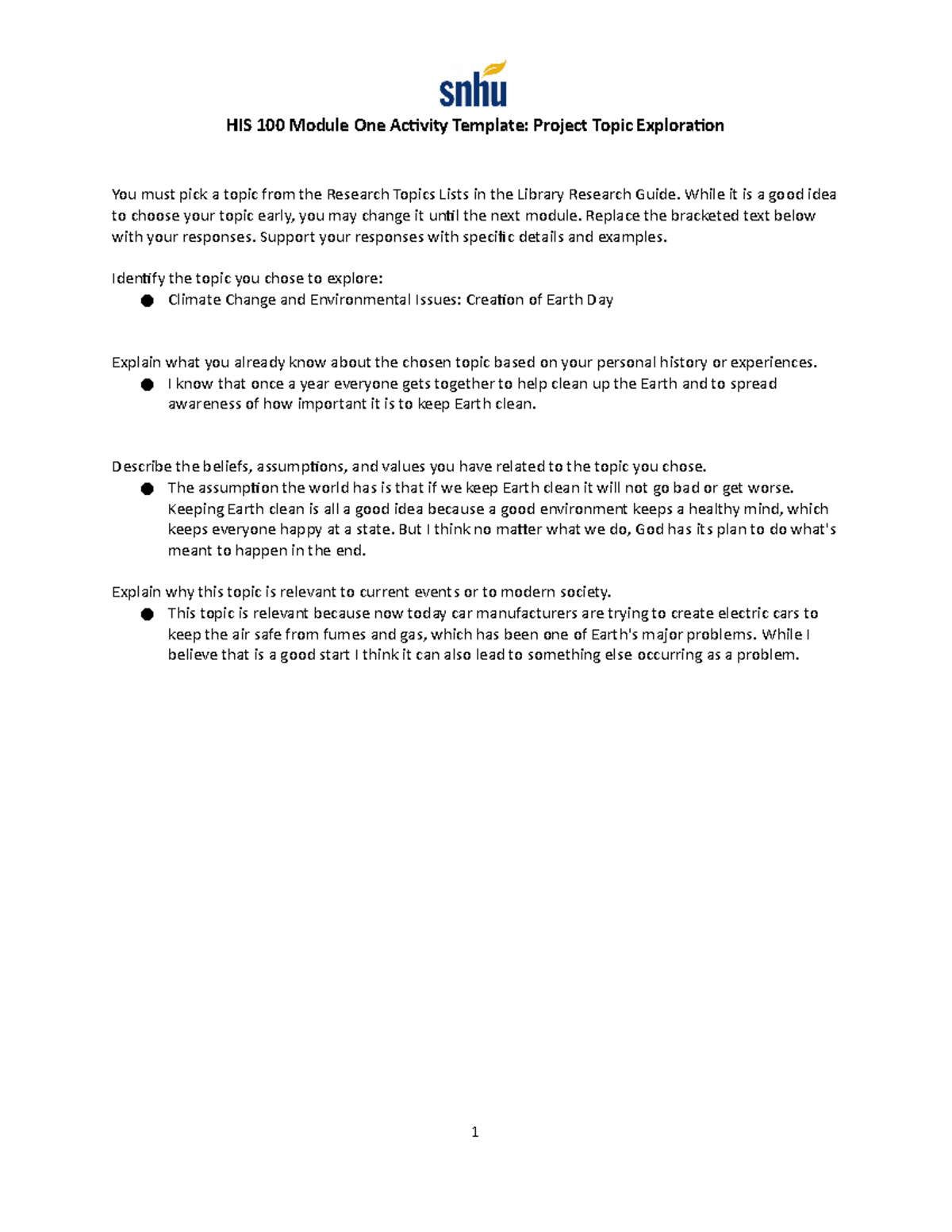 HIS 100 Module One Activity Template - While it is a good idea to ...