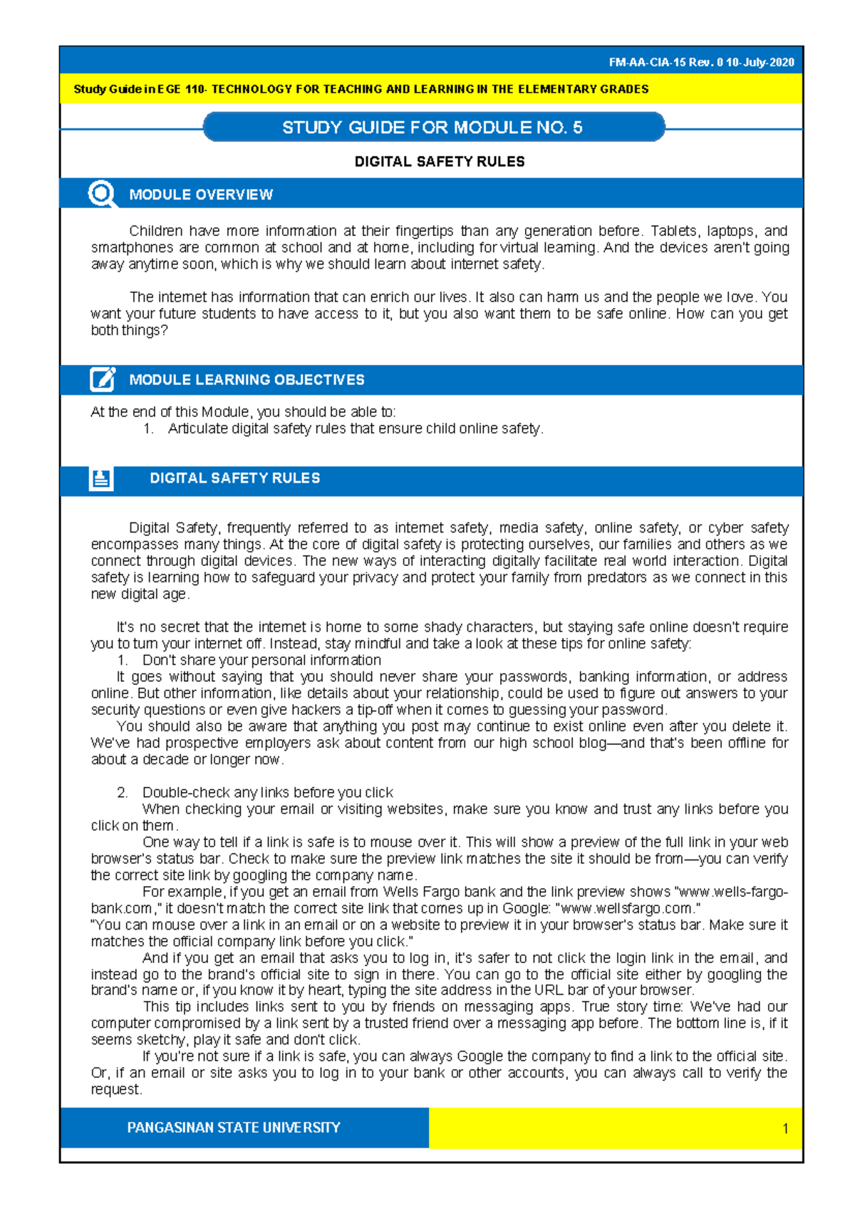EGE 110 SG5 - Review - STUDY GUIDE FOR MODULE NO. 5 Study Guide in EGE 110- TECHNOLOGY FOR ...