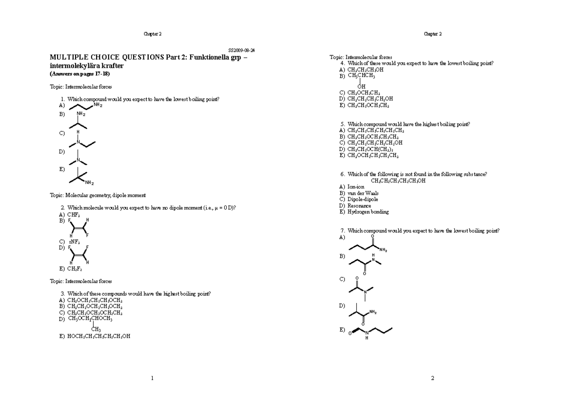 Chapter 9: Alcohols, Ethers and Epoxides Practice Test - SS2009- 08 ...