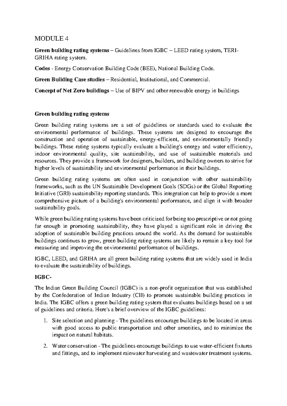 Module 4 - MODULE 4 Green building rating systems – Guidelines from IGBC – LEED rating system ...