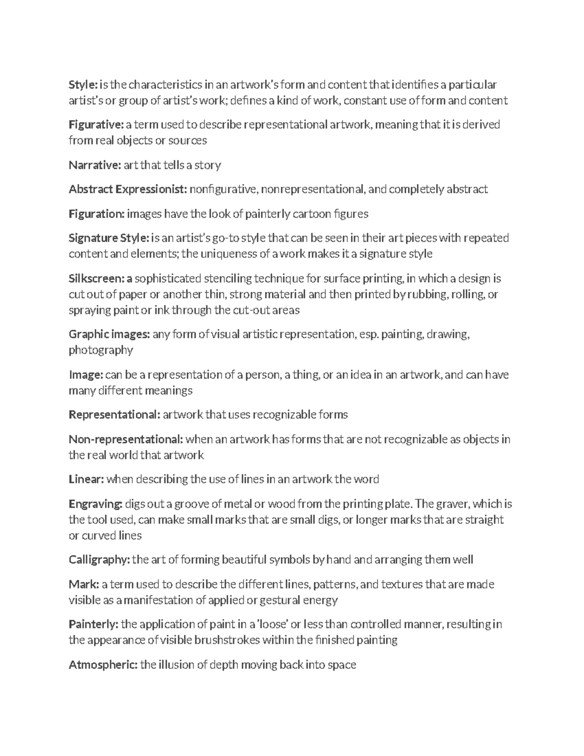 Unit 4 Visual Art Terms - Vocabulary for Unit 4 - Style: is the ...