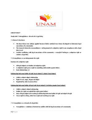 LAW OF Delict Lecture 2 Notes - LAW OF DELICT Study Unit 2 Introduction ...