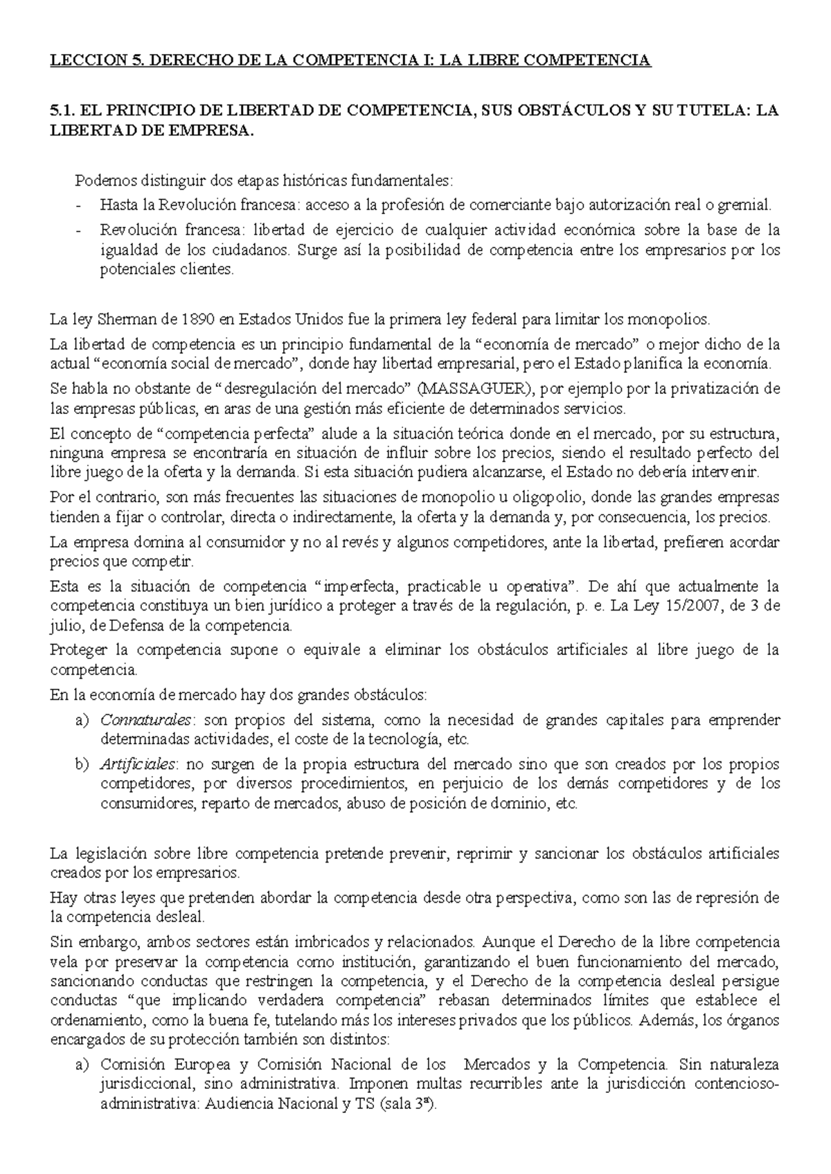 Leccion 5 EJE LA Libre Competencia - LECCION 5. DERECHO DE LA COMPETENCIA I: LA LIBRE ...