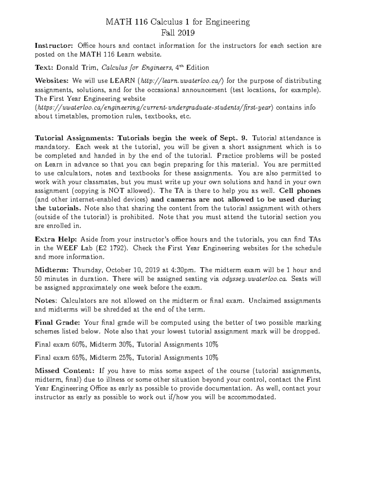 Math-116-syllabus - Course Outline - MATH 116 Calculus 1 for ...