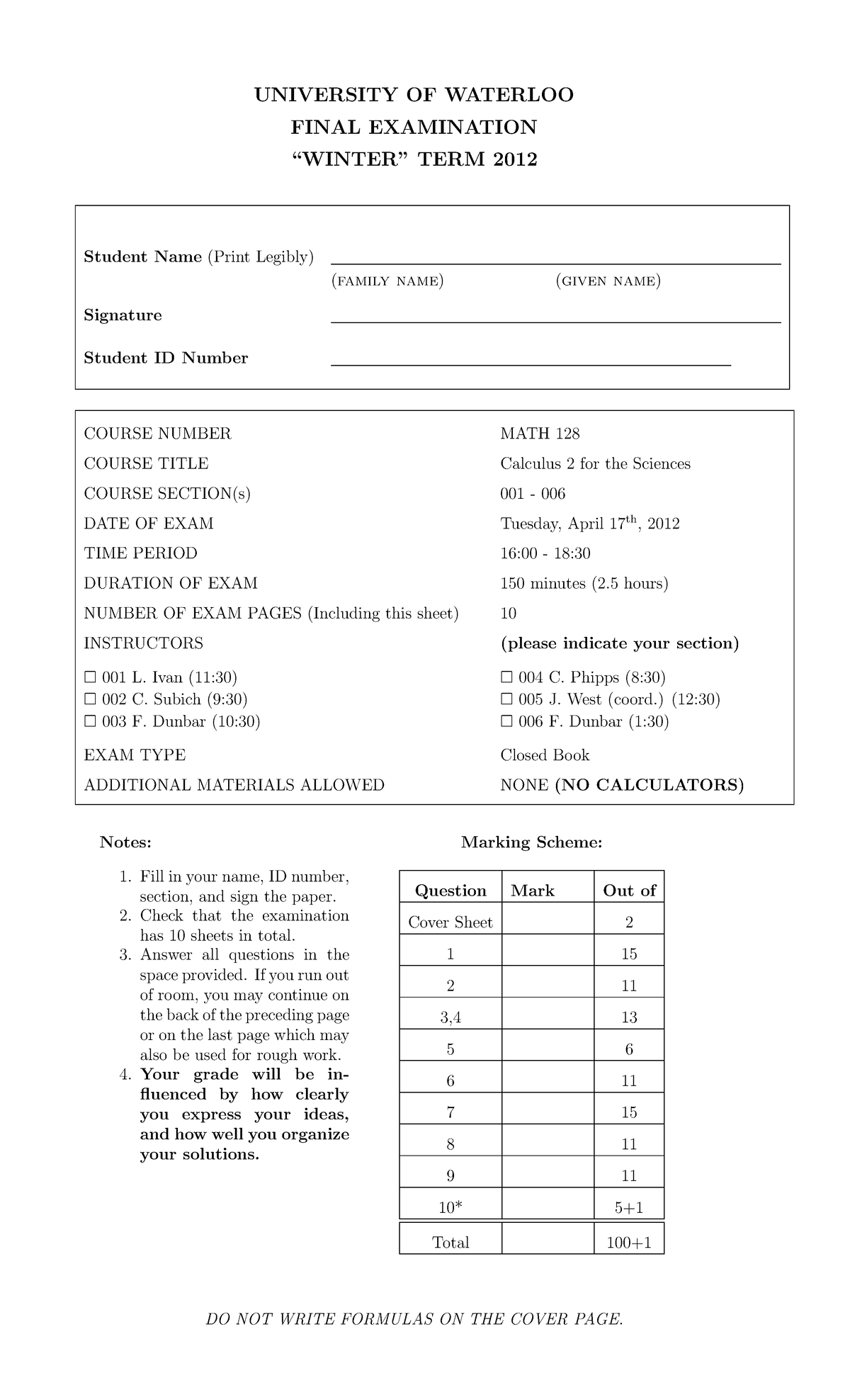 Final 2012, questions - UNIVERSITY OF WATERLOO FINAL EXAMINATION ...